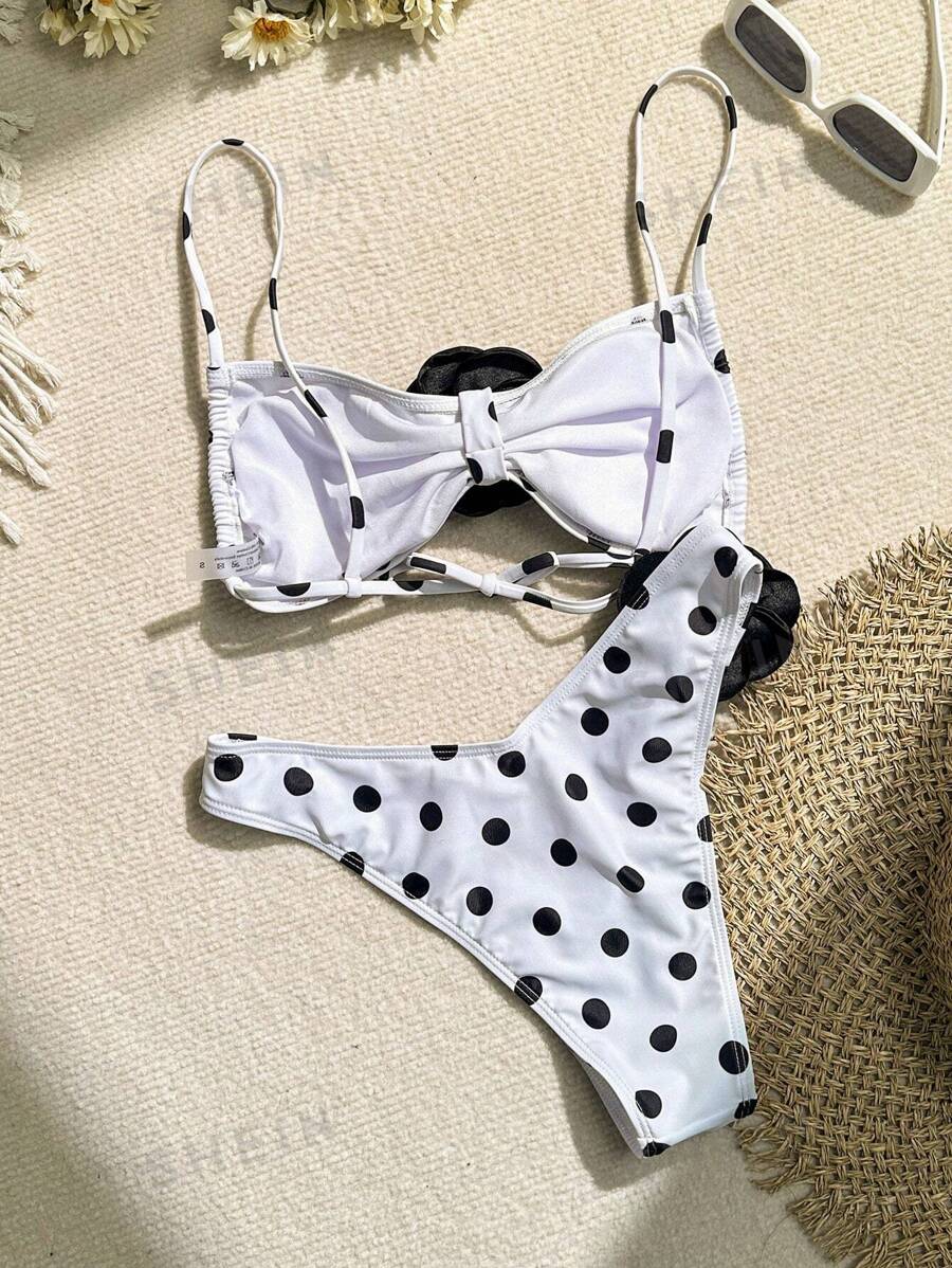 Shein Swim Vcay Summer Beach Womens 3d Flower Decor Random Polka Dot