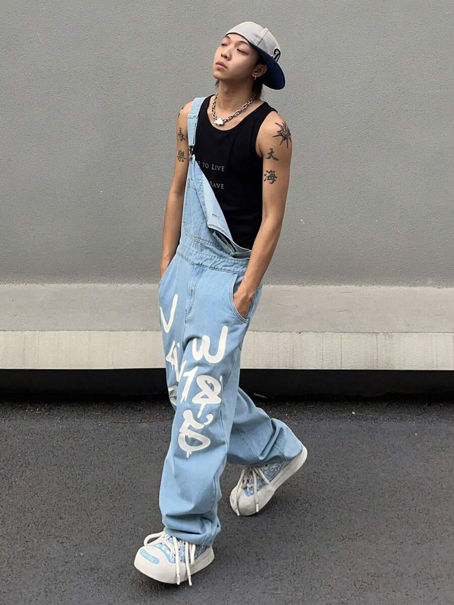 Manfinity EMRG Men's Digit Printed Loose Denim Overalls , Baggy Overall ...