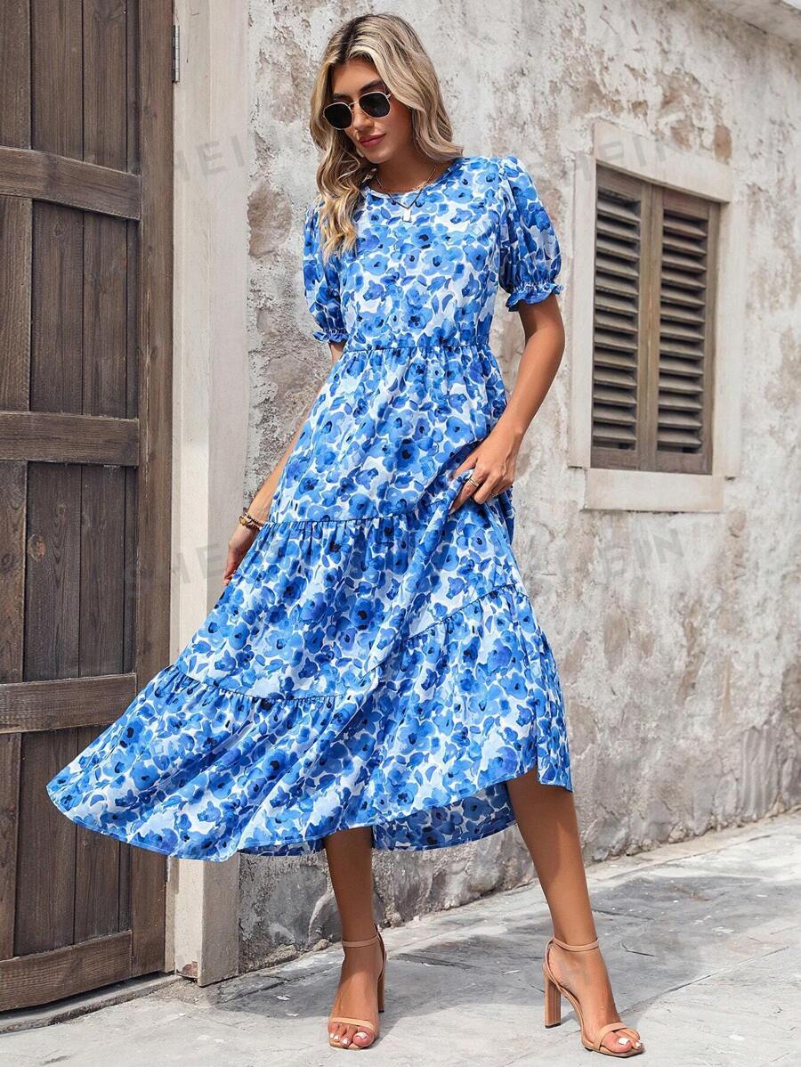 Shein Lune Womens Full Floral Print Puff Sleeve Dress Shein Usa