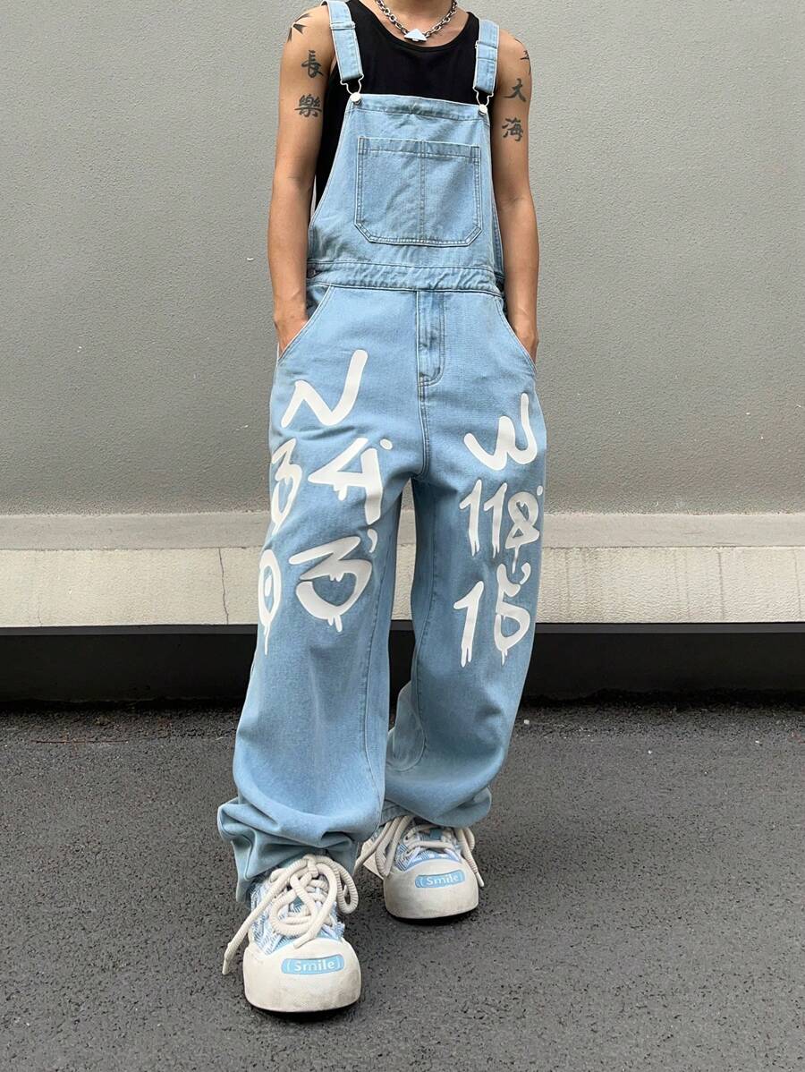 Manfinity EMRG Men's Digit Printed Loose Denim Overalls , Baggy Overall ...