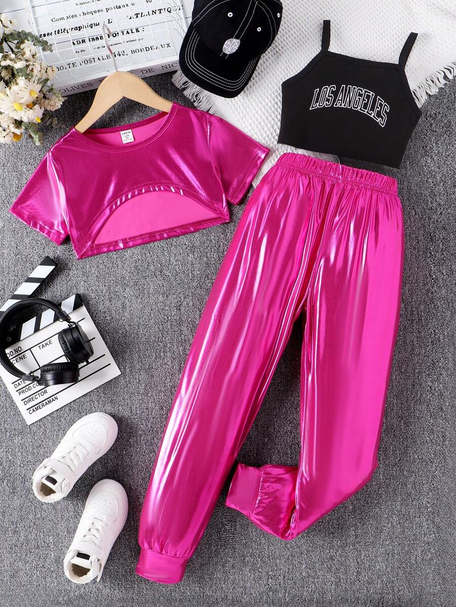 SHEIN Tween Girls' Casual & Sports Streetwear Glossy Fabric Letter ...