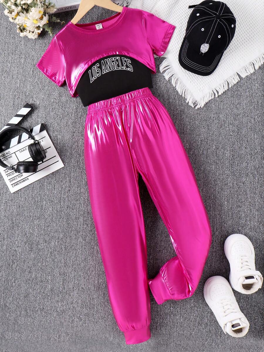 SHEIN Tween Girls' Casual & Sports Streetwear Glossy Fabric Letter ...