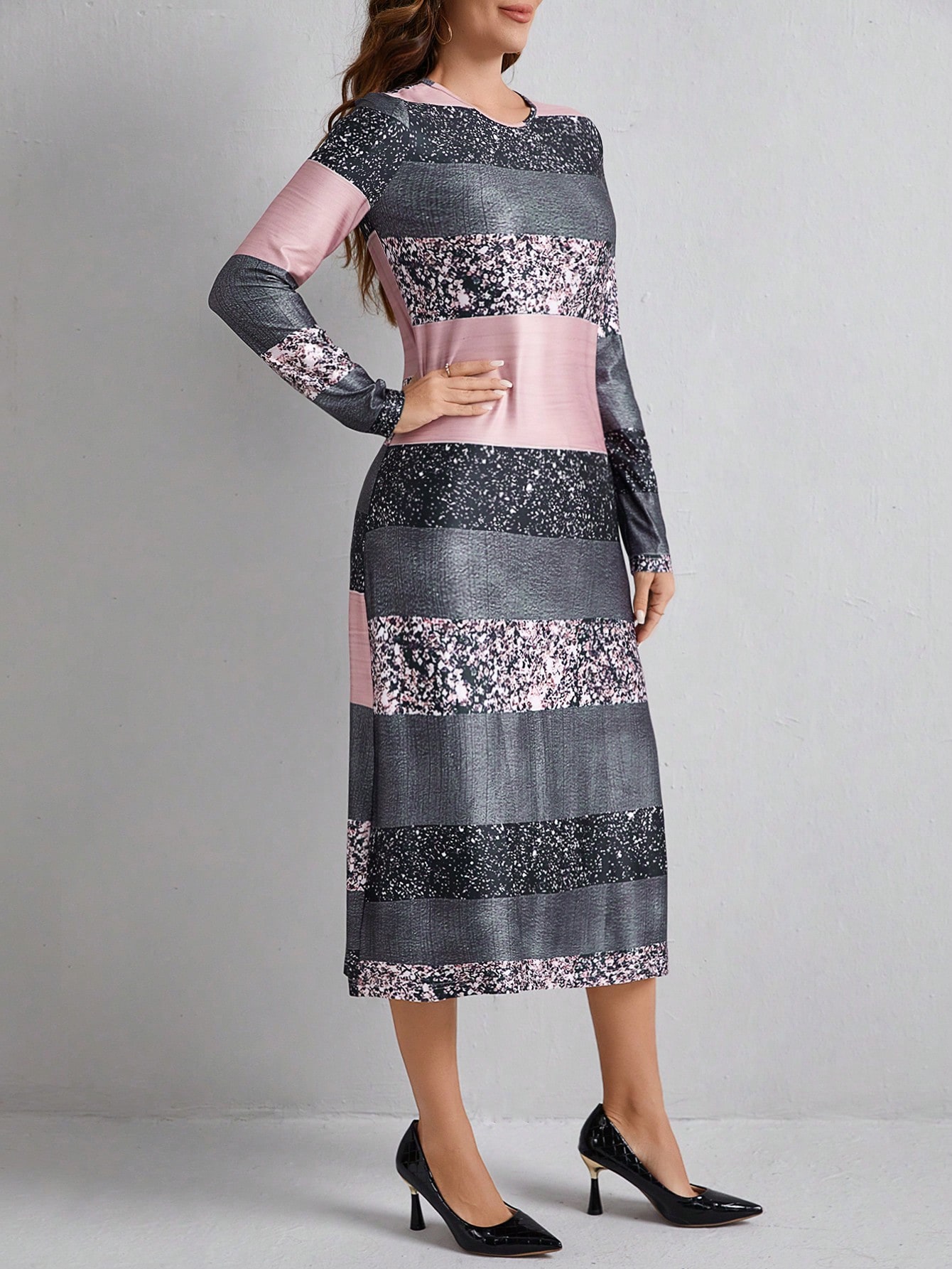 SHEIN Clasi Women's Color Block Round Neck Long Sleeve Dress | SHEIN USA