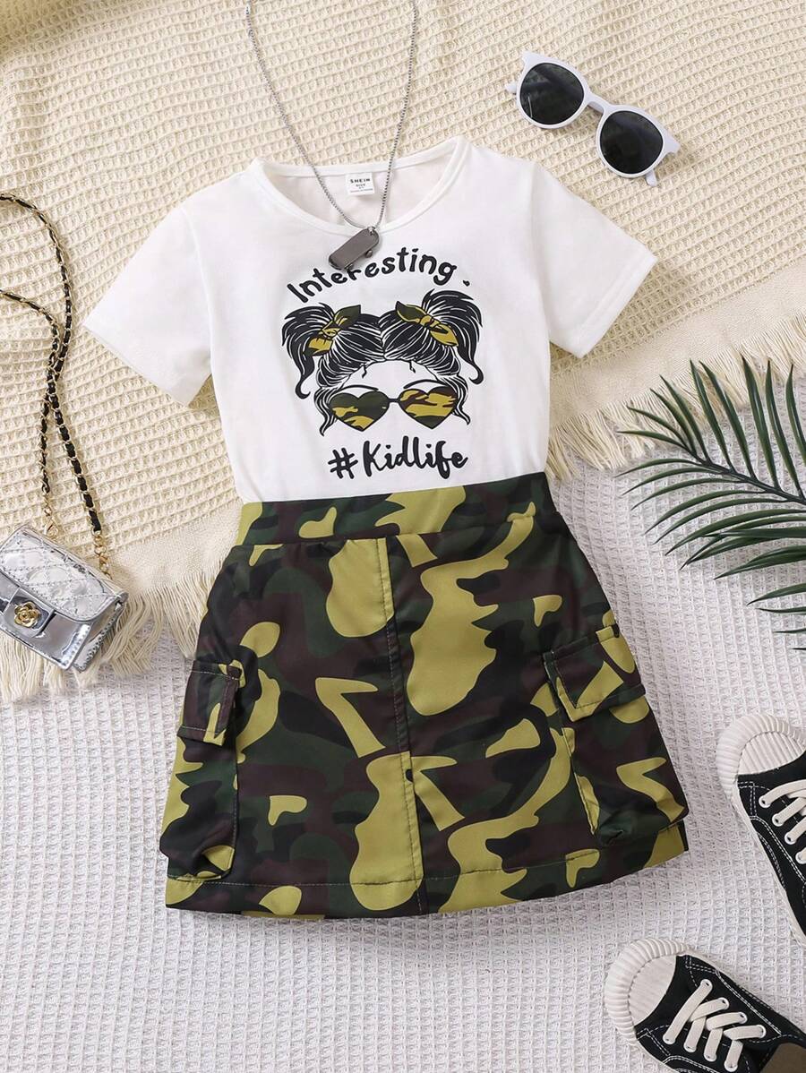 SHEIN Young Girl Letter & Character Printed Short Sleeve T-Shirt And ...