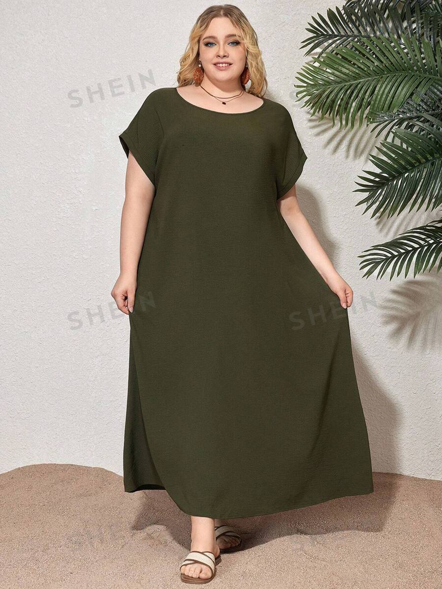 SHEIN CURVE+ Plus Size Solid Color Batwing Sleeve Dress | SHEIN USA