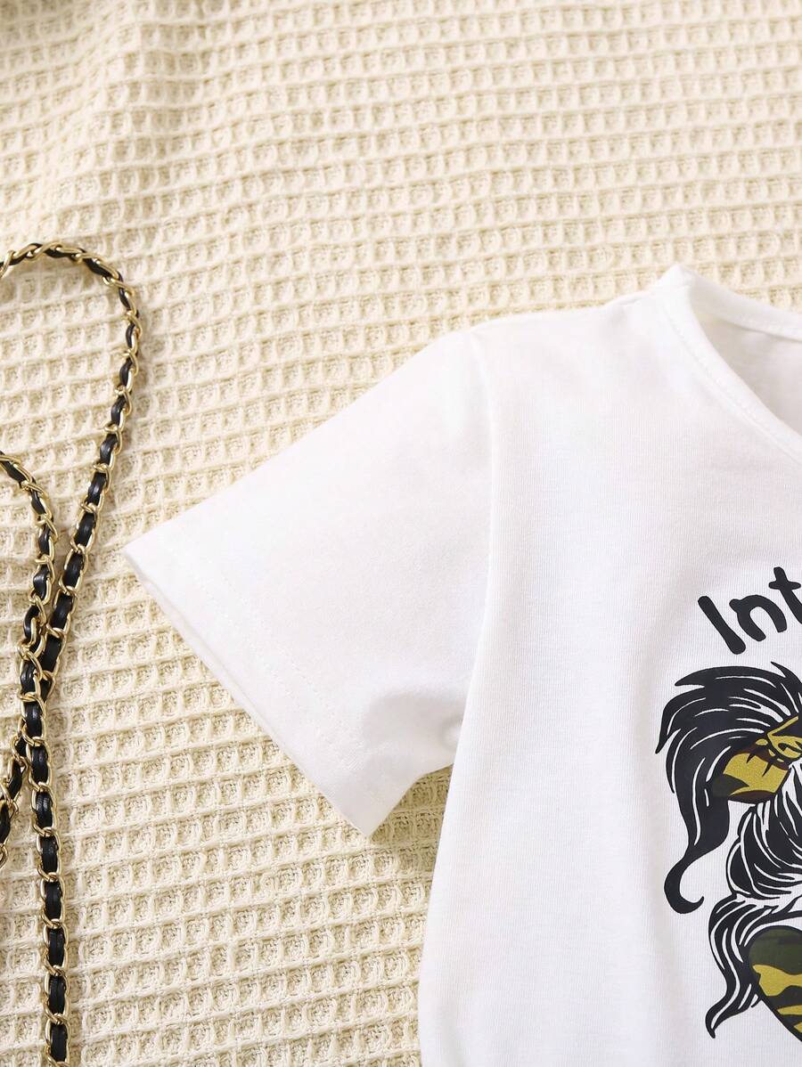 SHEIN Young Girl Letter & Character Printed Short Sleeve T-Shirt And ...