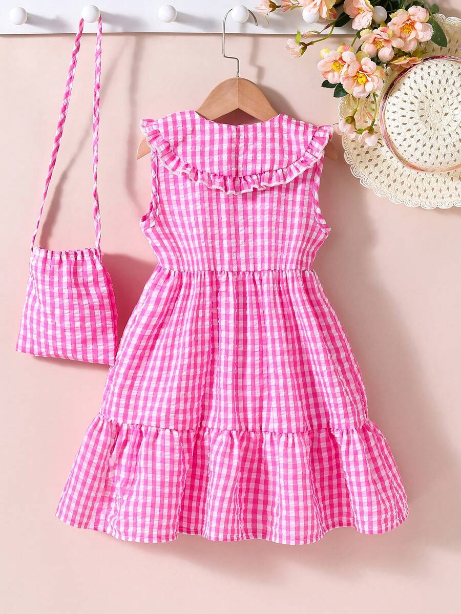SHEIN Young Girl Cute Casual Vacation Pink And White Checkered Dress ...