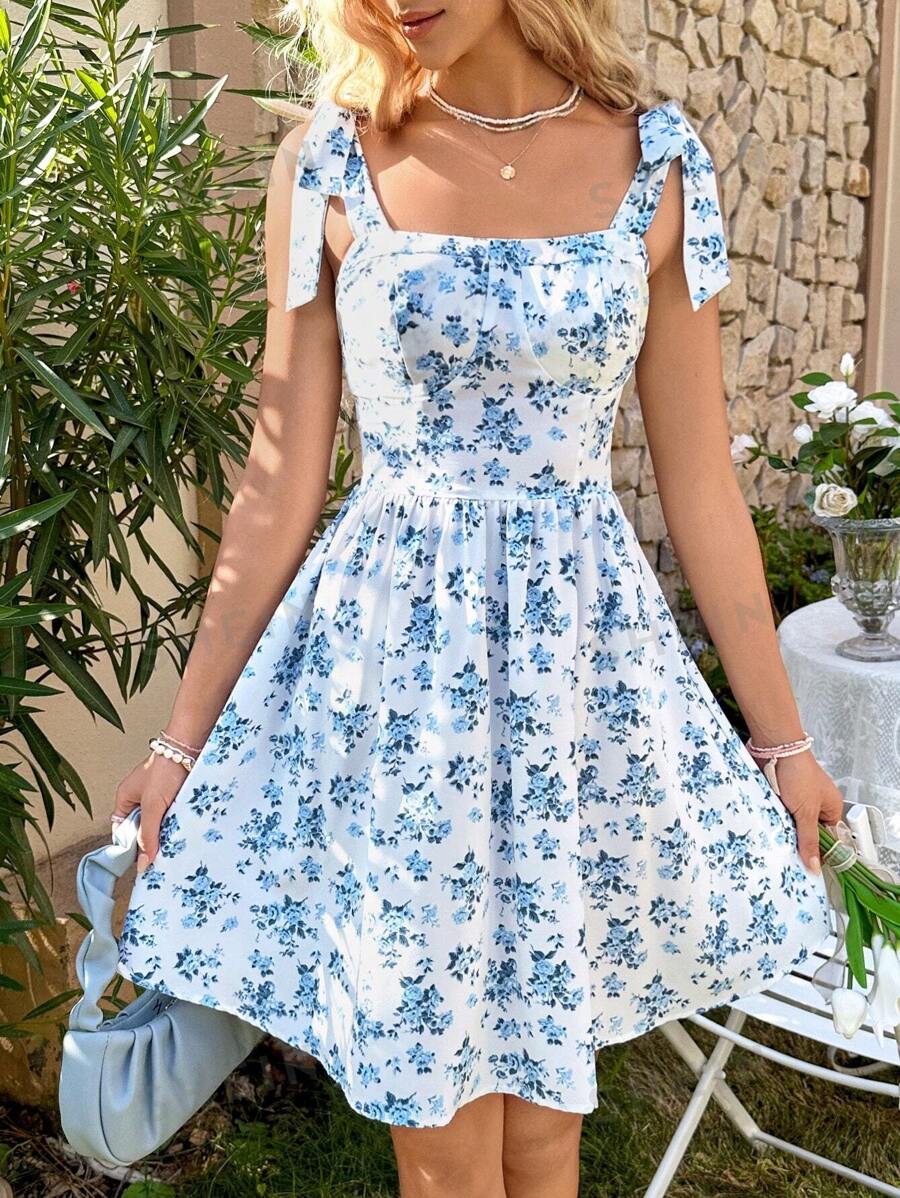 SHEIN WYWH Women's Floral Print Knotted Shoulder Strap Dress | SHEIN USA