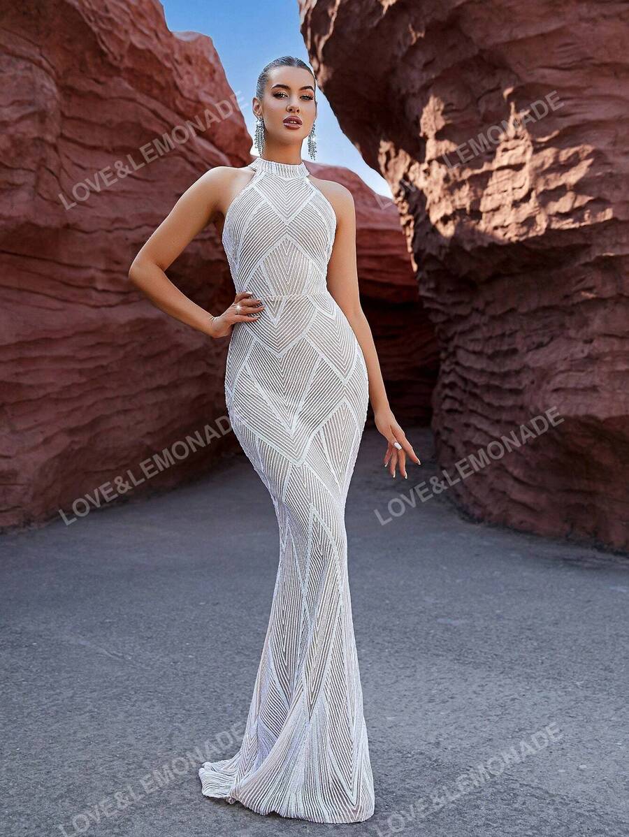 LOVE&LEMONADE Women's Halter Neck Mermaid Hem Evening Gown White ...