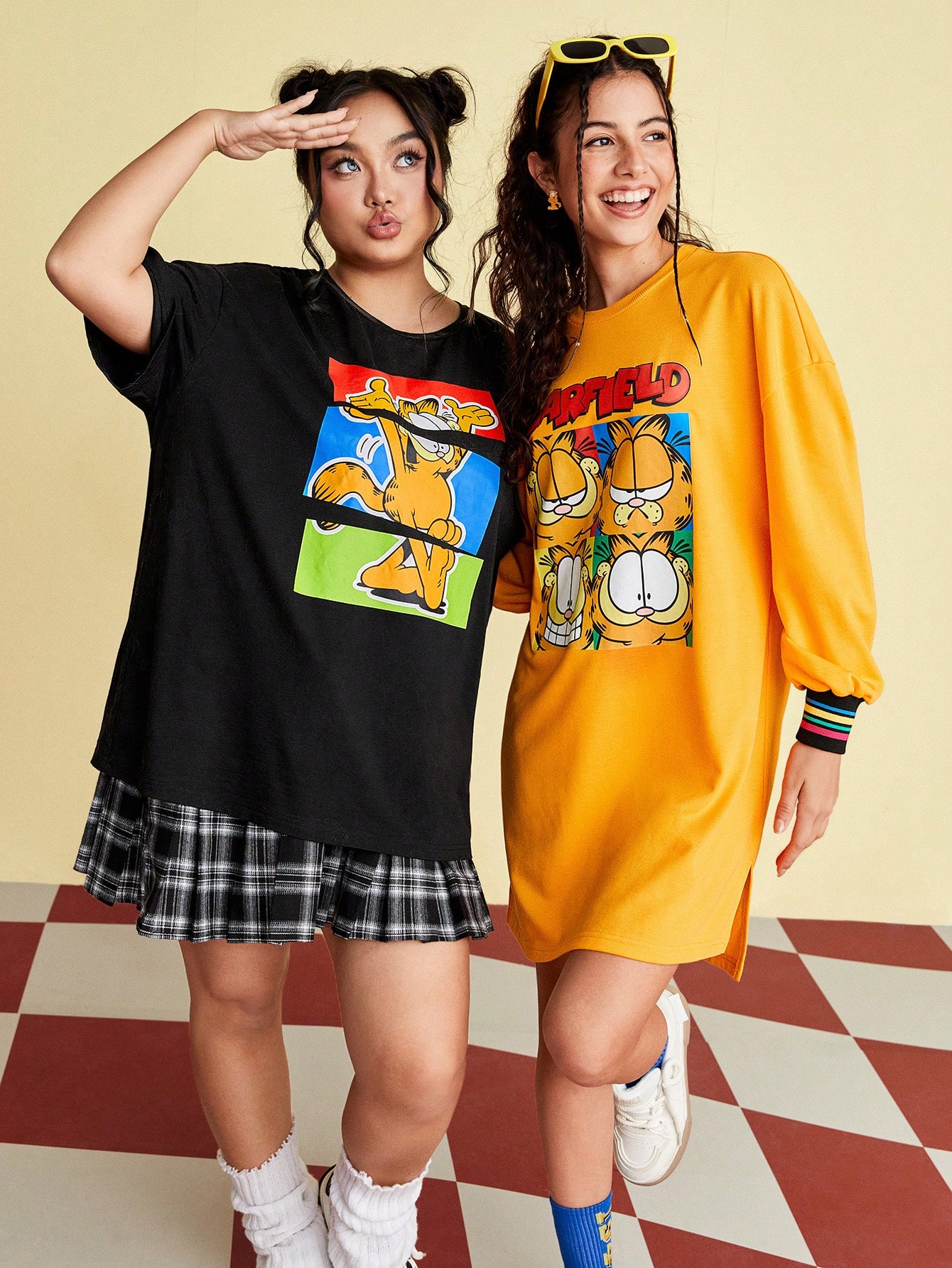 GARFIELD X SHEIN Cartoon Print Drop Shoulder Contrast Cuffs Dress ...