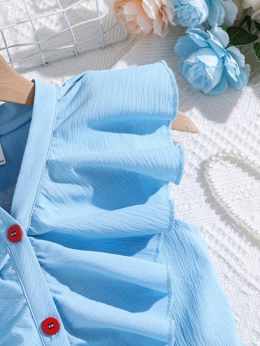 SHEIN Tween Girls' Ruffle Edge Red Button Decorated Dress | SHEIN UK