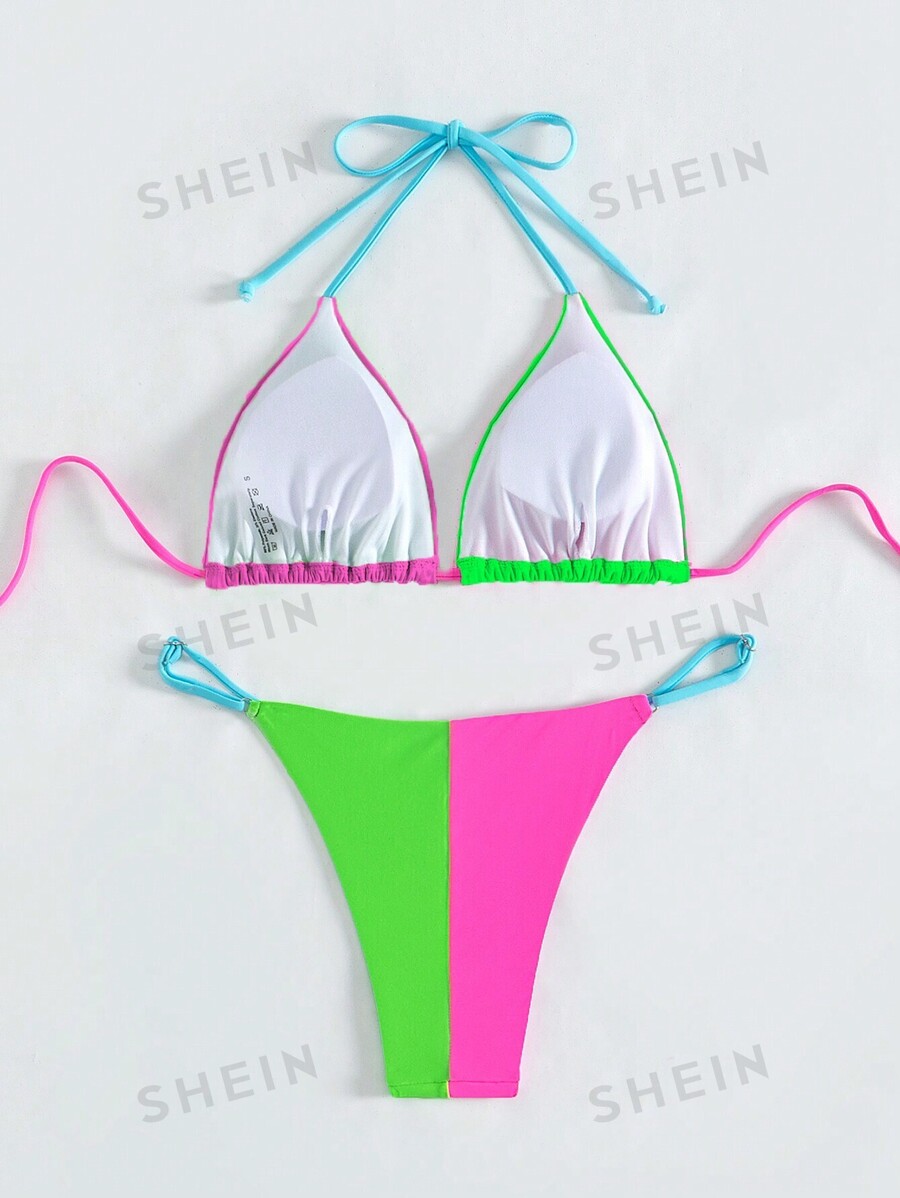 Shein Swim Vcay Ladies Color Block Halter Strap Separated Swimsuit Set