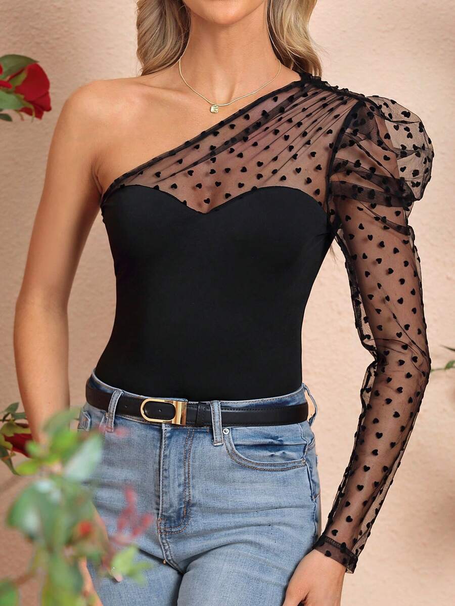 SHEIN Clasi Heart Pattern Velvet Mesh Panel One Shoulder Leg-Of-Mutton ...