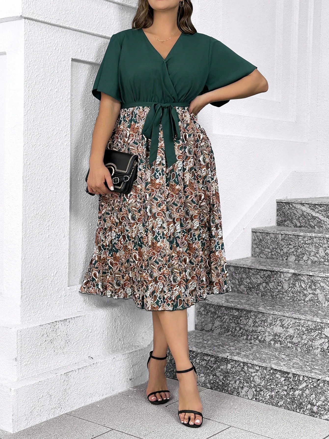 SHEIN Clasi Plus Size Paisley Print Butterfly Sleeve Belted Easter ...