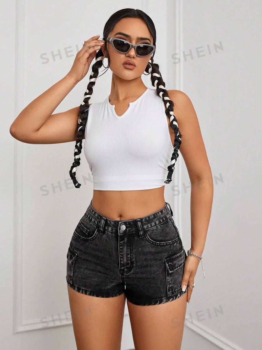 SHEIN ICON High Waist Water Washed Utility Denim Shorts For Women ...