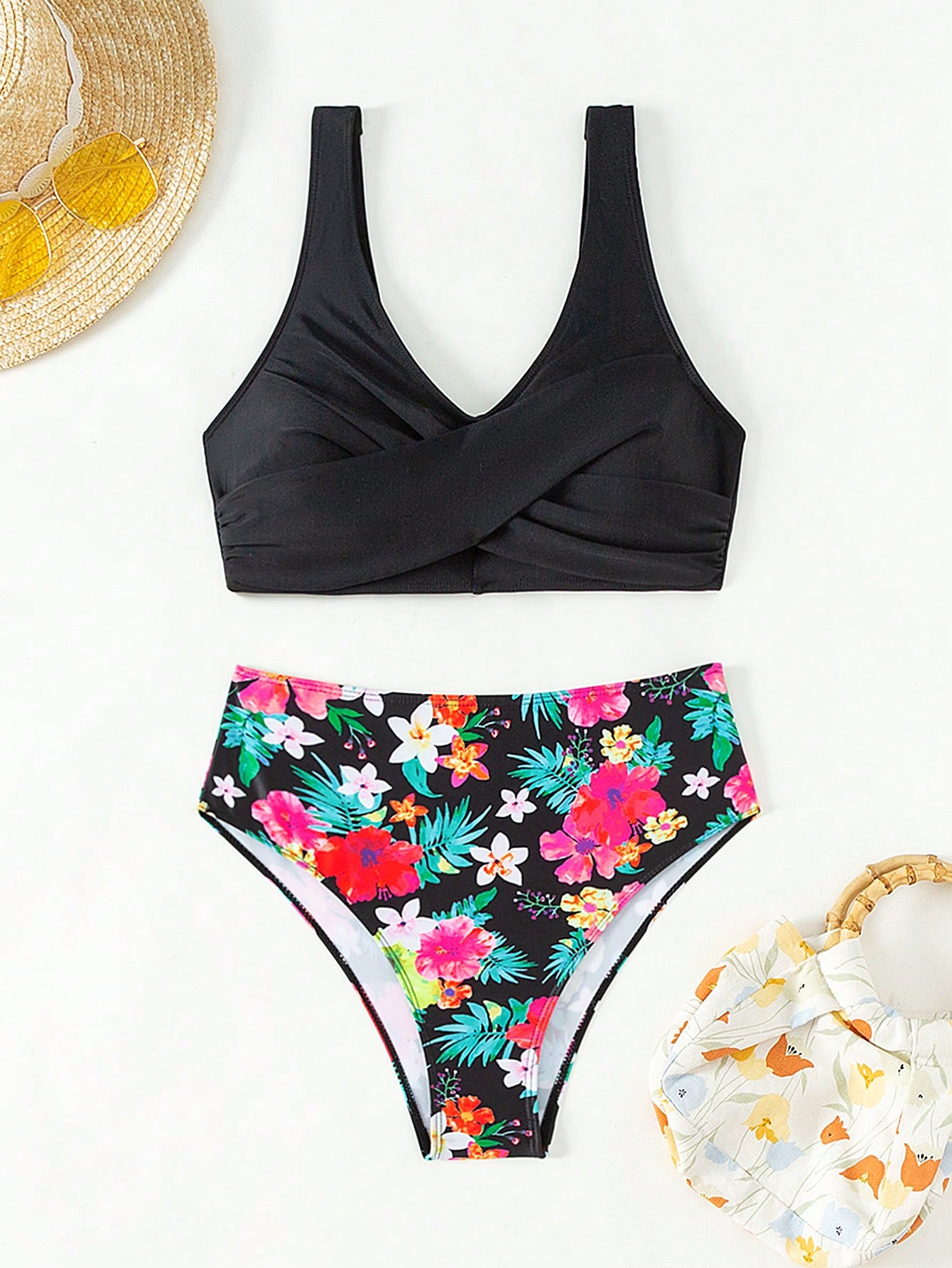 SHEIN Swim Women's Plant Print Vacation Swimsuit Set High Waisted ...