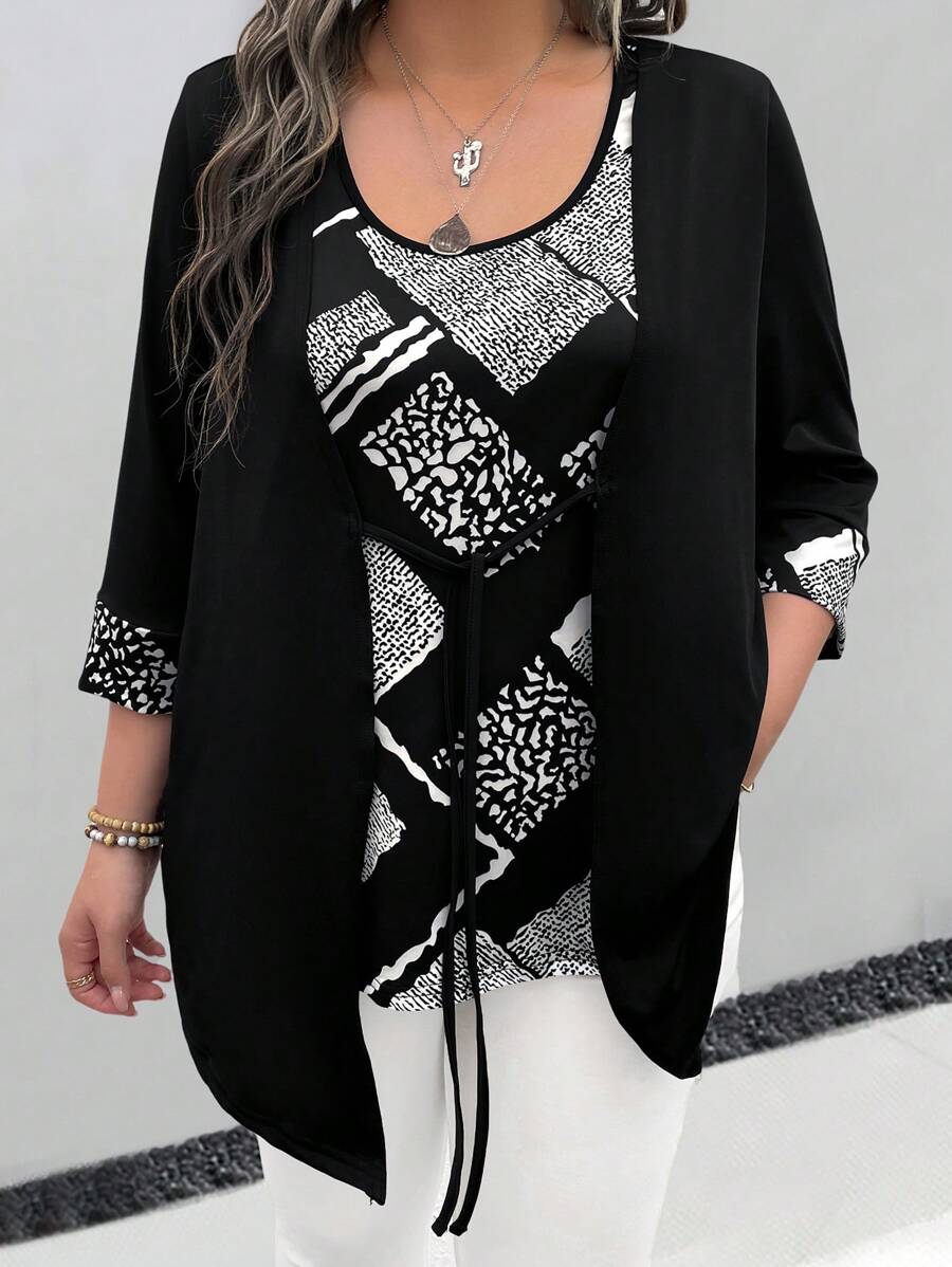 EMERY ROSE Plus Size Women's Casual Patchwork Print Loose Long Sleeve T ...