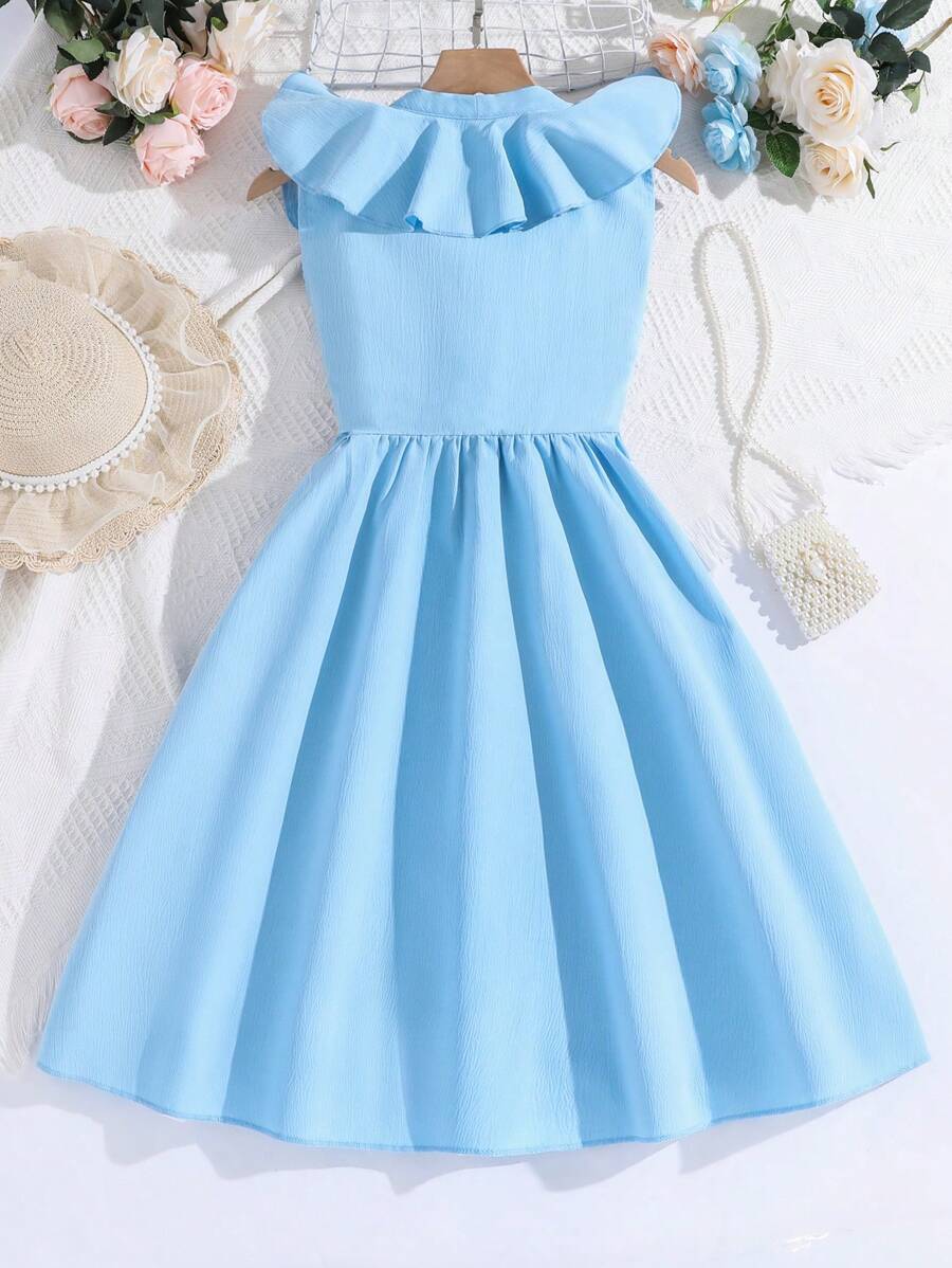 SHEIN Tween Girls' Ruffle Edge Red Button Decorated Dress | SHEIN UK