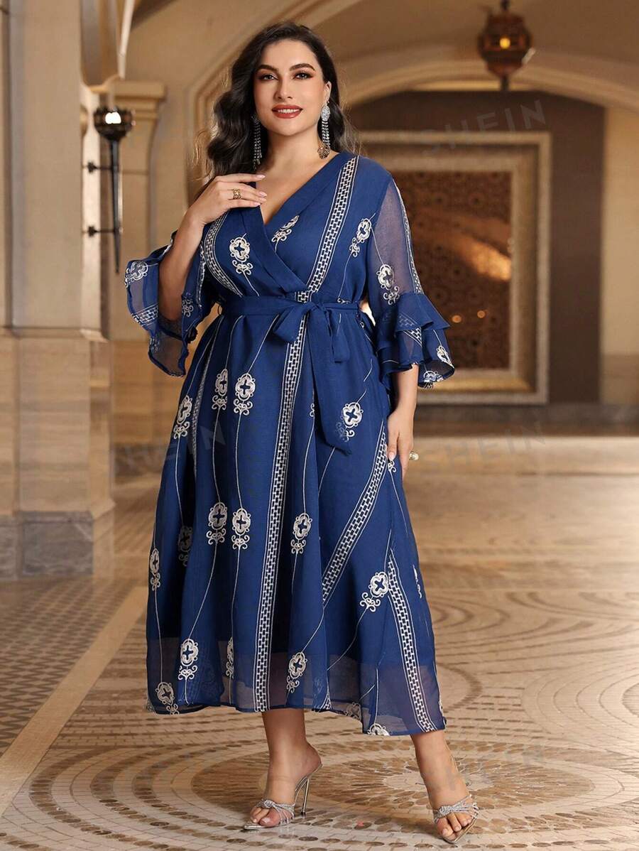 Shein Najma Plus Size Embroidered Flare Sleeve Wrap Belted Dress