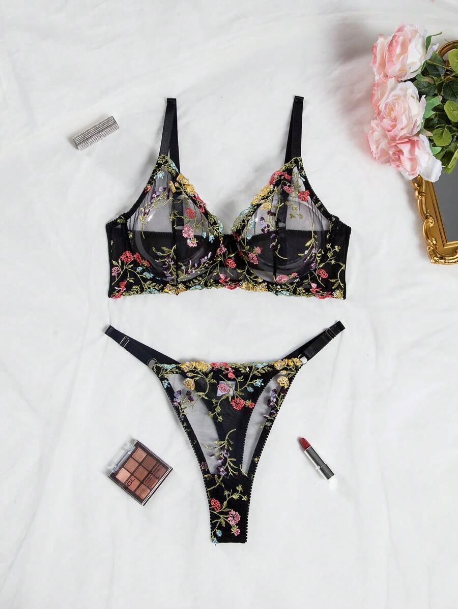 Plus Size Mesh Floral Embroidery Lingerie Set | SHEIN USA