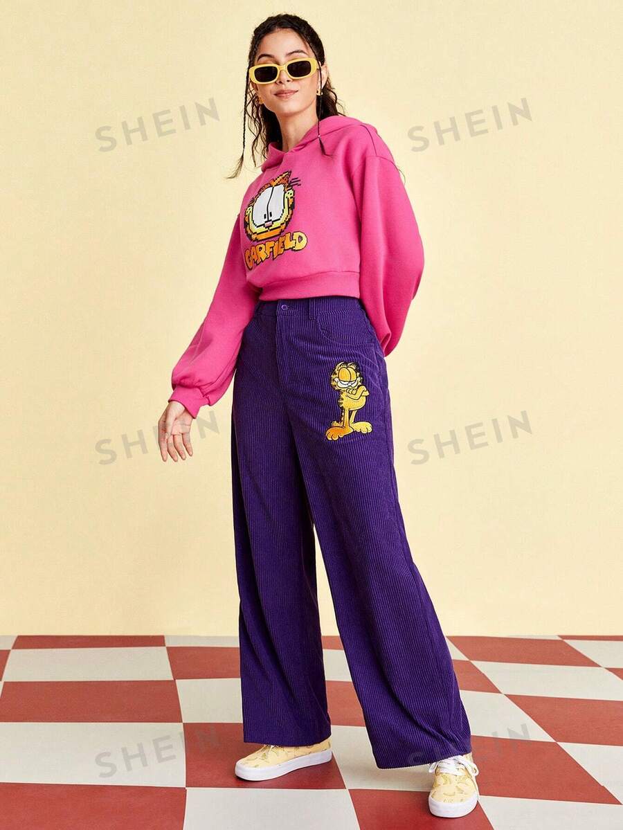 GARFIELD X SHEIN Cartoon Embroidered Corduroy Pants | SHEIN USA