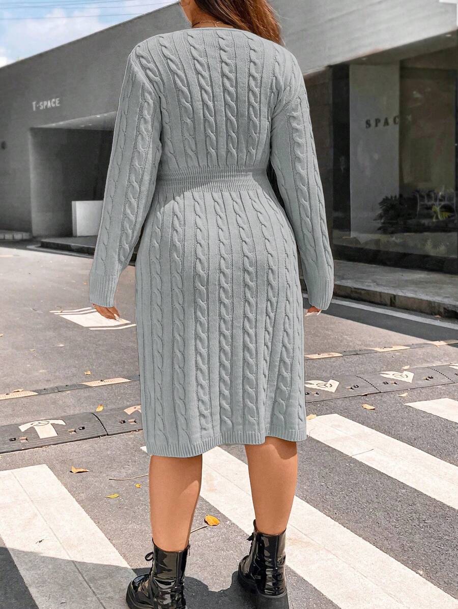 Women's Plus Size Cable Knitted V-Neck Sweater Dress | SHEIN