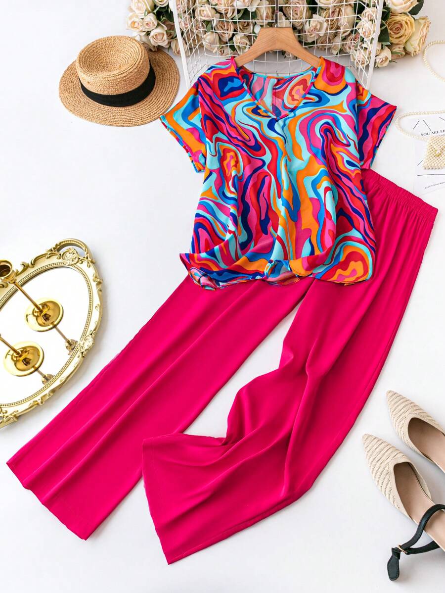 SHEIN LUNE Plus Size Women's Marble Pattern Short Sleeve Top And Pants ...