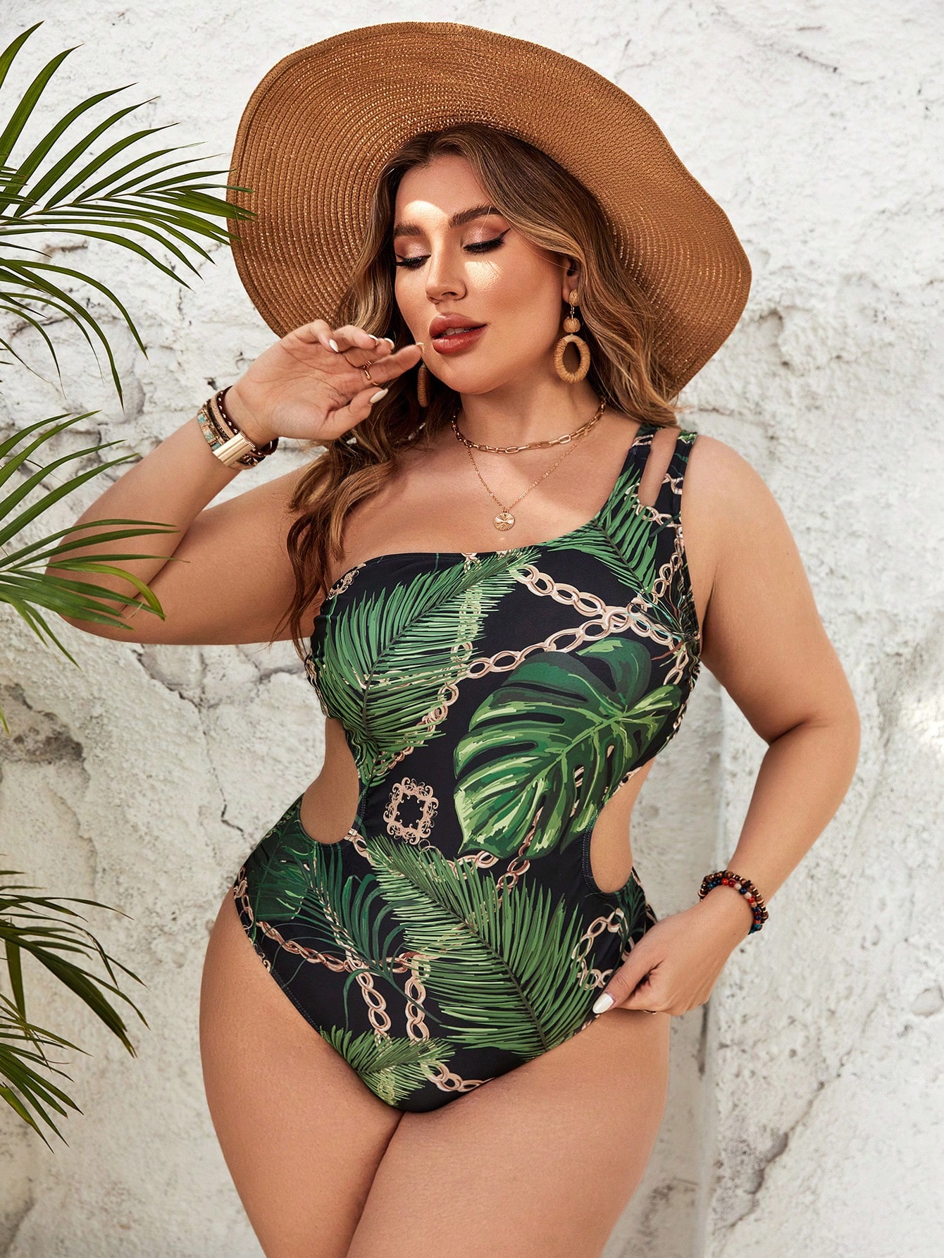 Shein Swim Bohofeel Plus Size Womens Tropical Print Cut Out One