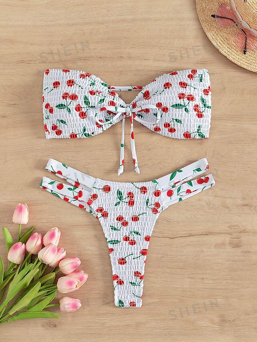 Shein Swim Mod Womens Cherry Print Bandeau Bikini Set Shein Uk