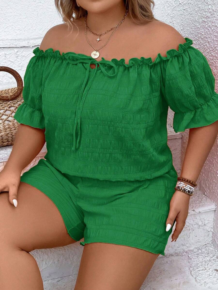 SHEIN VCAY Plus Size Off-Shoulder Ruffle Trim Summer Top And Shorts Set ...