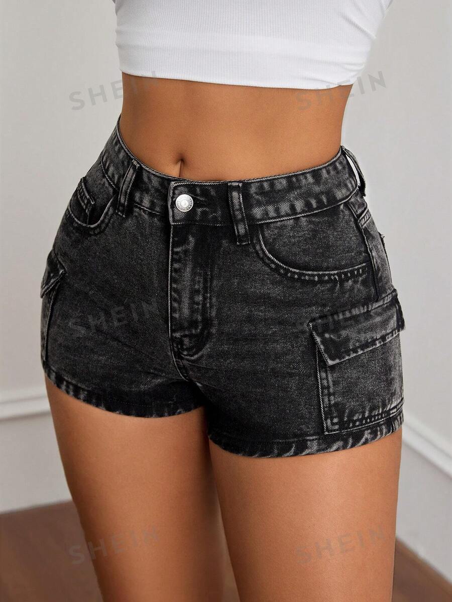 SHEIN ICON High Waist Water Washed Utility Denim Shorts For Women ...