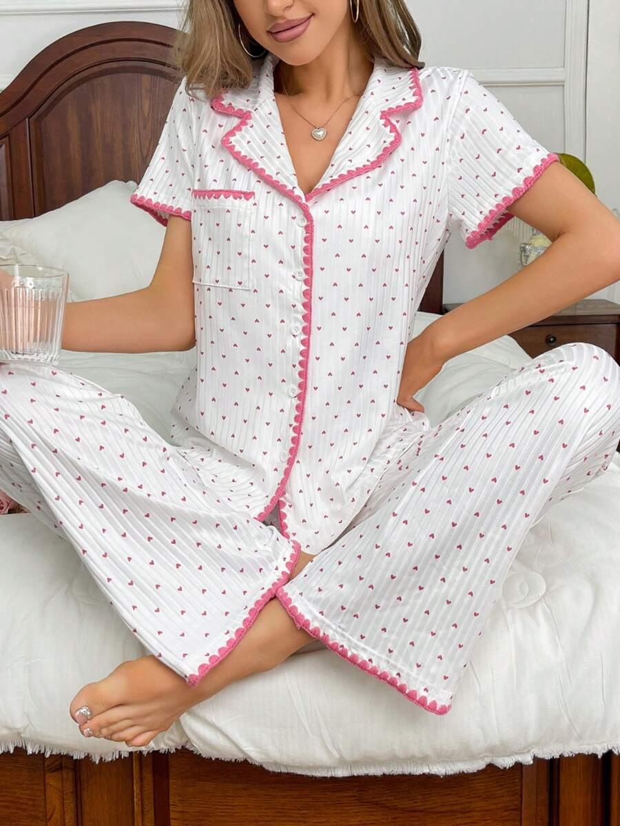 Women's Heart Print Short Sleeve Pajama Set White Set | SHEIN USA