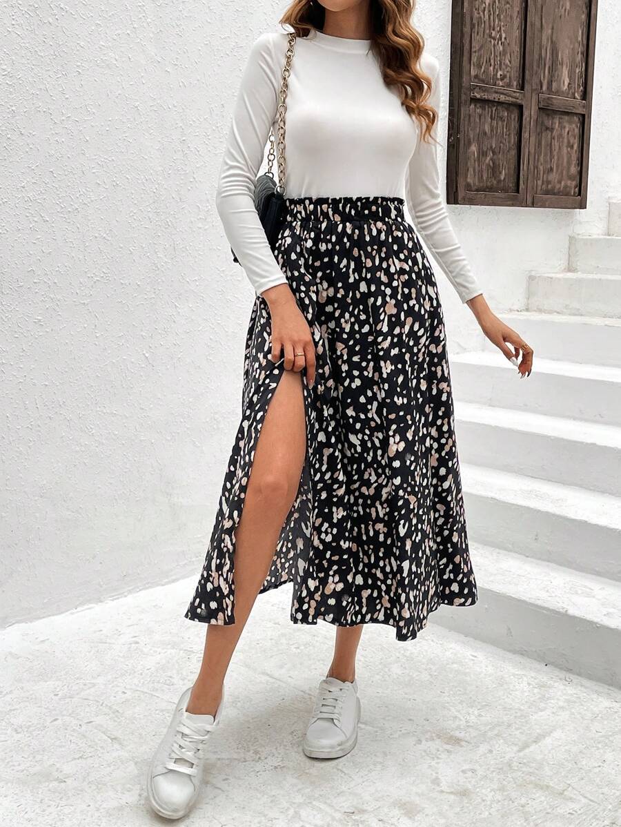 SHEIN Frenchy Saia Midi Dividida Com Fenda Alta, Estampa Bohemia Com ...