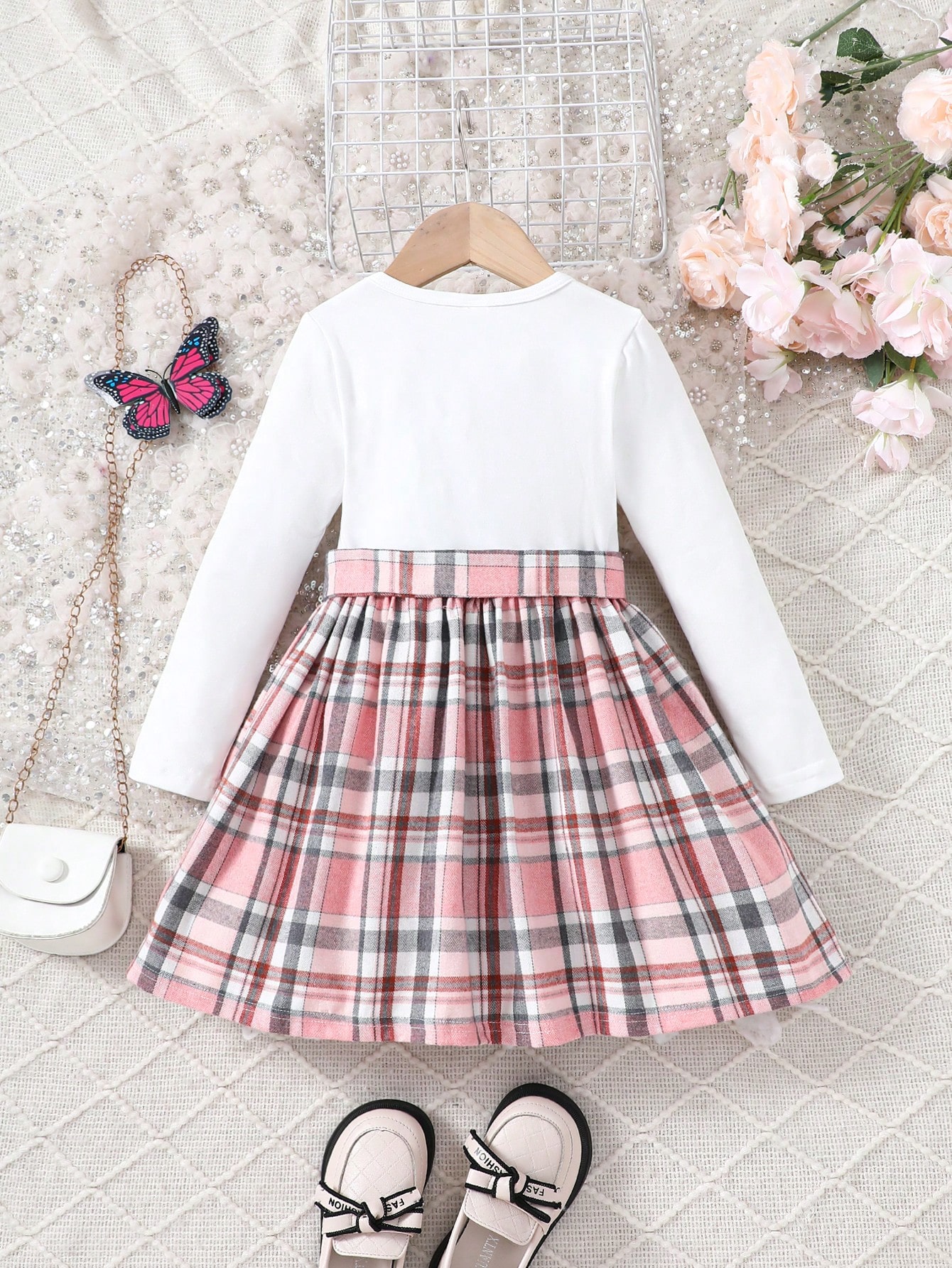 SHEIN 女の子 エレガントなベルベットのスプライシングチェック柄長袖パーティードレス秋と冬用 | SHEIN JAPAN