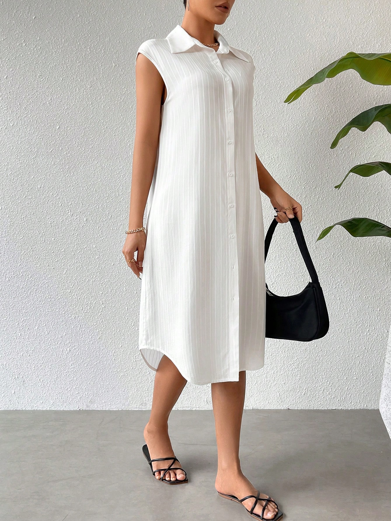 SHEIN Essnce White Casual Relaxed Fit Women's Tunic Dress With Front ...