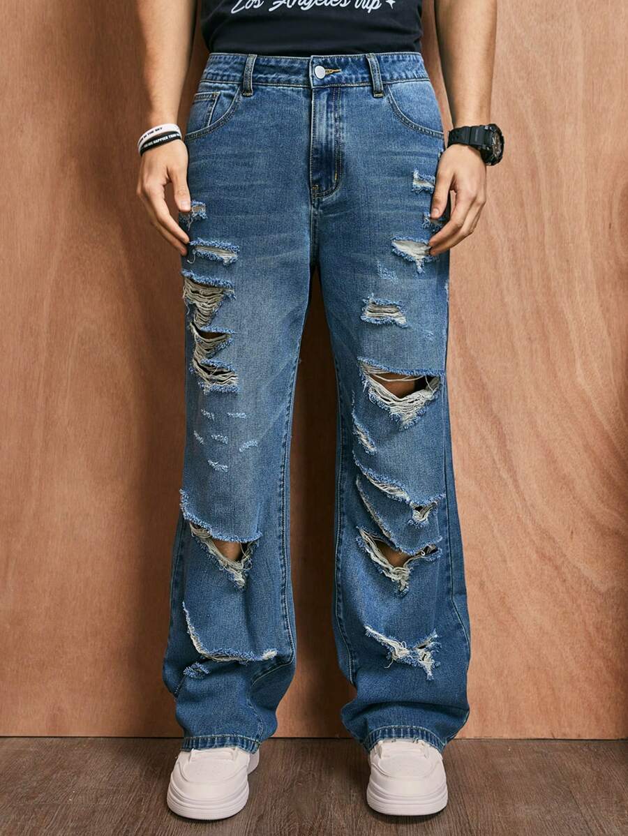 ROMWE Street Life Men'S Jeans With Slanted Pocket And Distressed ...