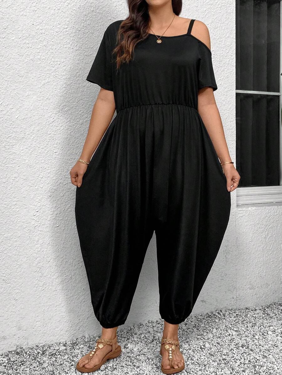 Luneh Plus Size Women's One Shoulder Black Jumpsuit With Asymmetric ...