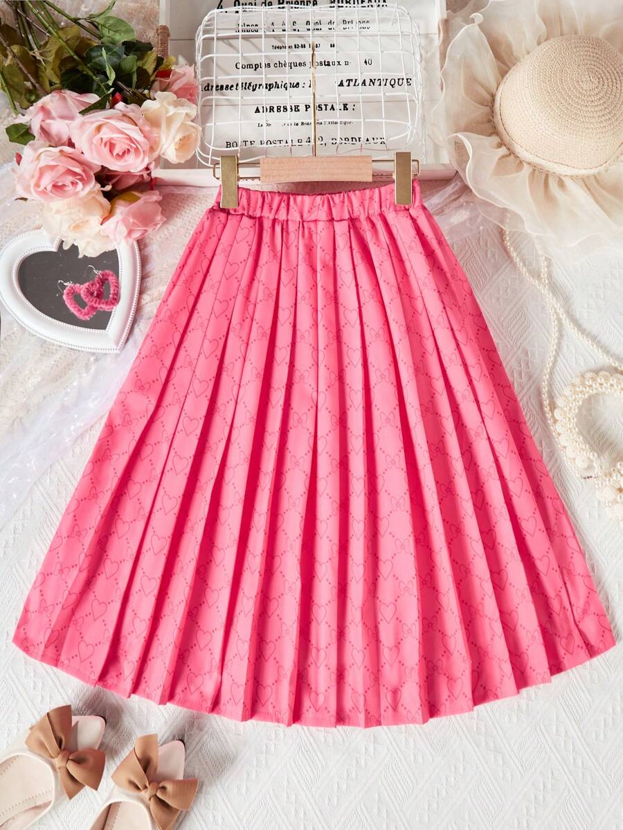 Tween Girls' Heart Print Pleated Maxi Skirt | SHEIN EUR