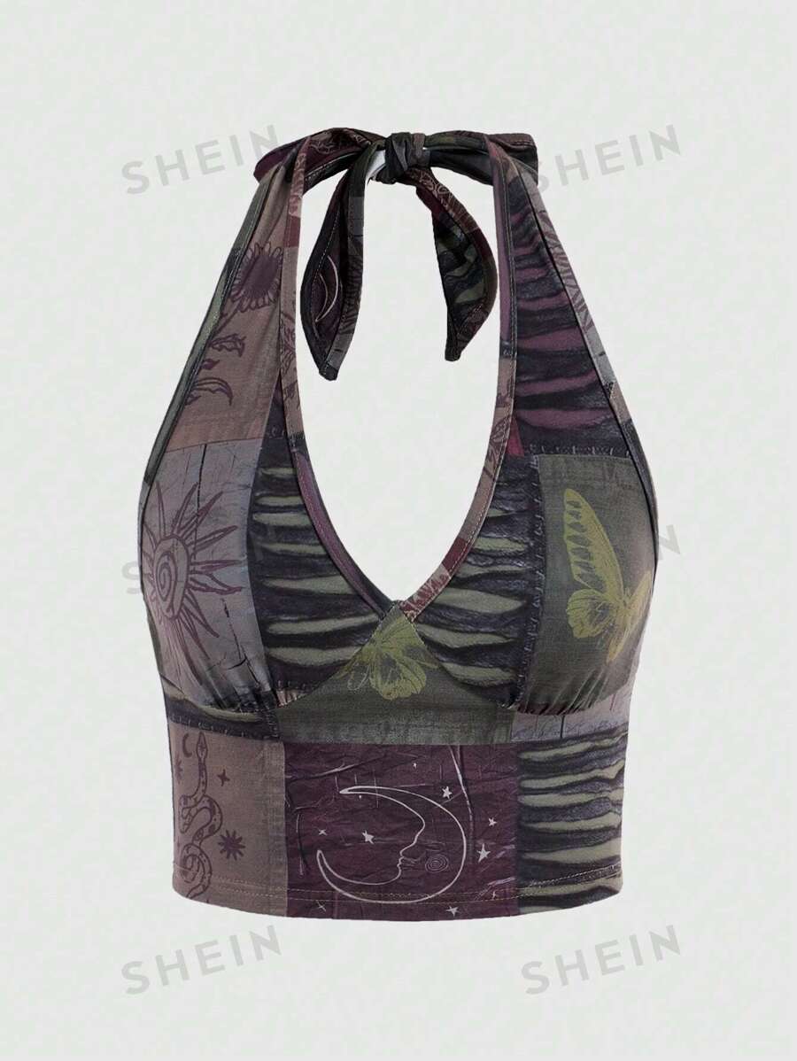 ROMWE Goth Patchwork Printed Sexy Tight Halter Top For Women | SHEIN USA