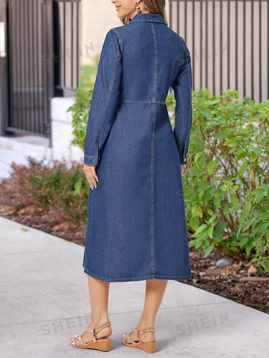 SHEIN LUNE Women's Front Button Denim Dress | SHEIN UK