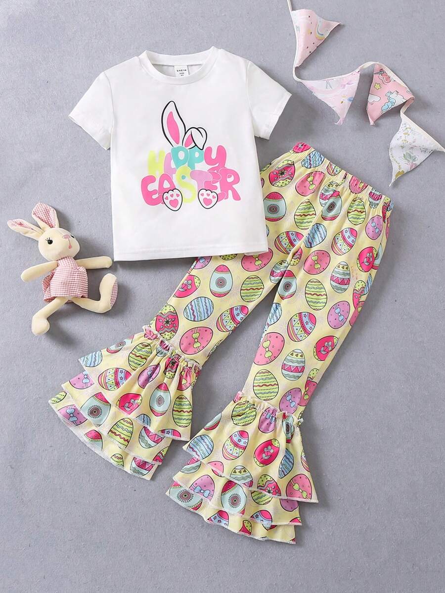SHEIN Young Girl Easter Cute Rabbit & Letter Printed Top And Colorful ...
