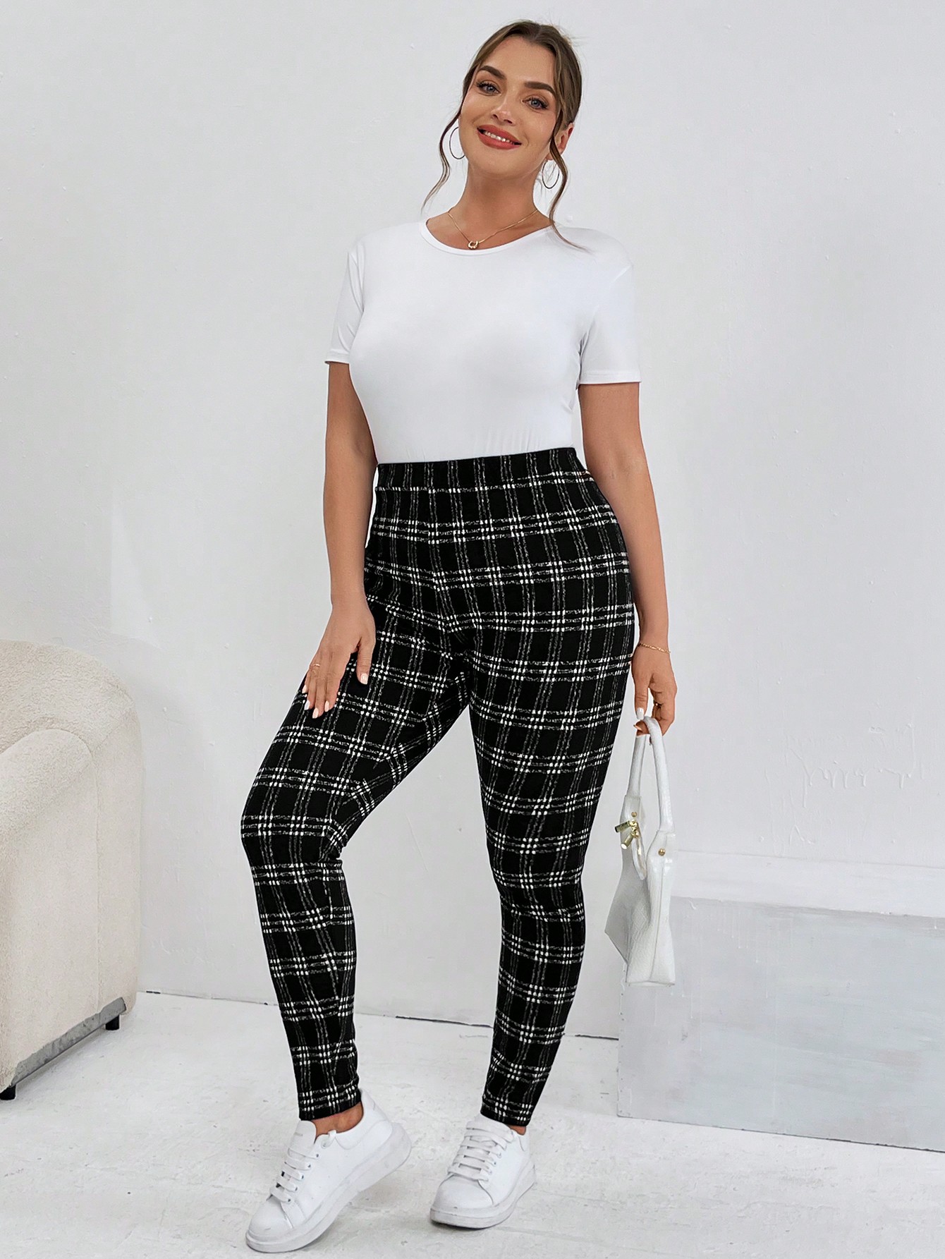 SHEIN Essnce Plus Size High Waist Plaid Pants | SHEIN USA