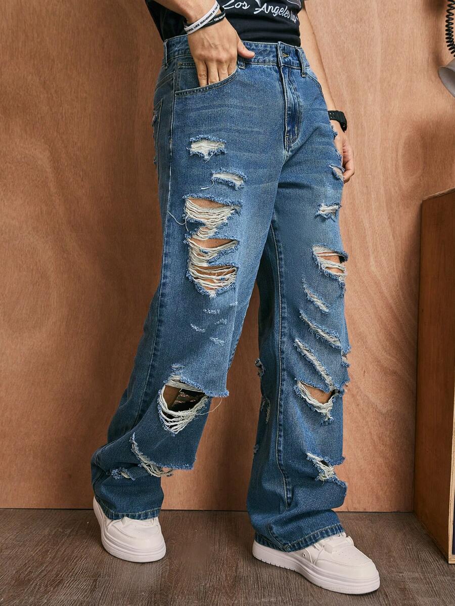 ROMWE Street Life Men'S Jeans With Slanted Pocket And Distressed ...