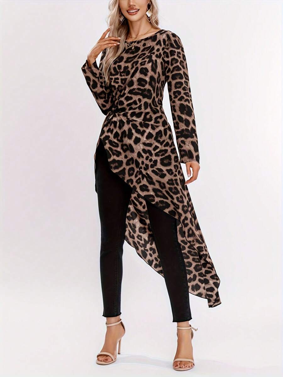 SHEIN Clasi Women's Leopard Print Asymmetrical Hem Long Sleeve Shirt ...