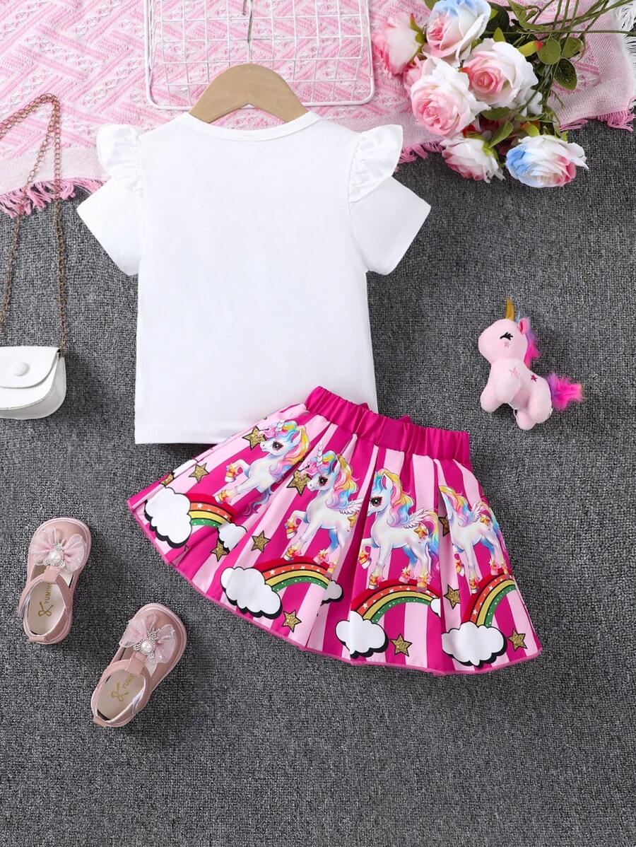 SHEIN Young Girl Lovely Unicorn Pattern T-Shirt And Skirt Set | SHEIN USA