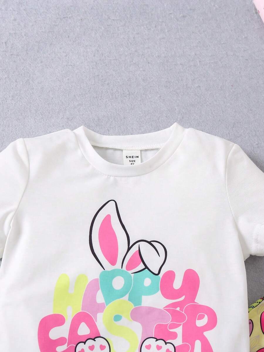 SHEIN Young Girl Easter Cute Rabbit & Letter Printed Top And Colorful ...