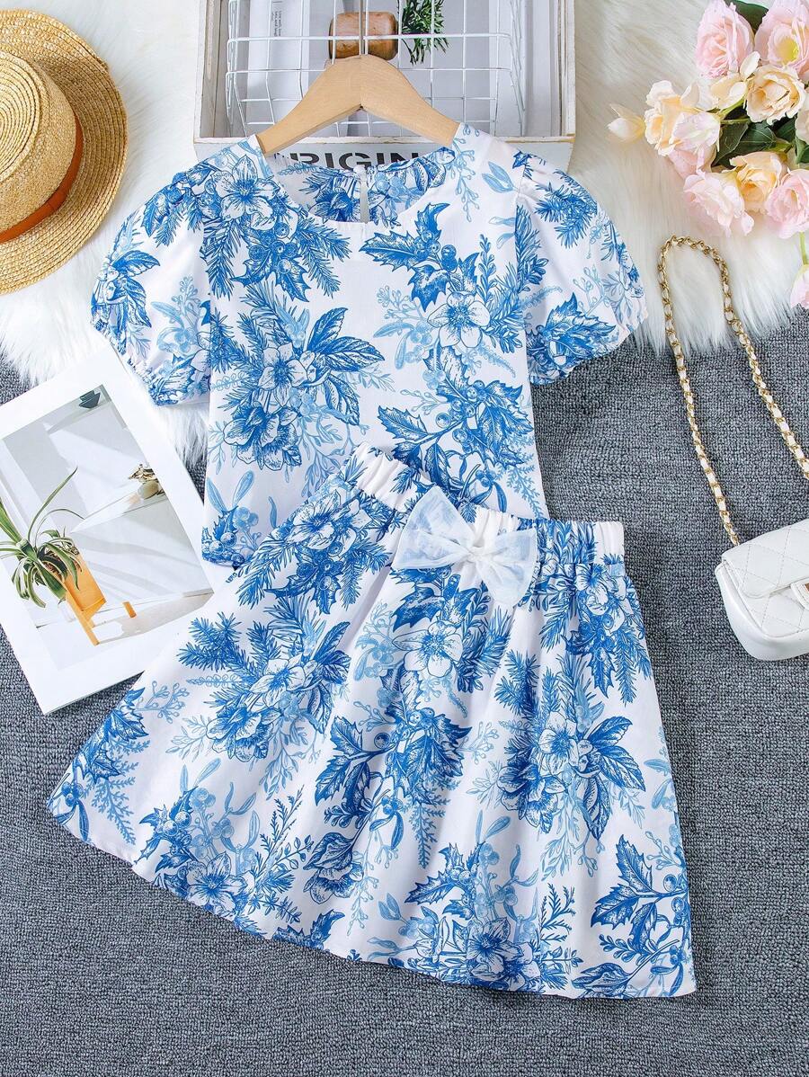 SHEIN Tween Girls' Blue And White Porcelain Print Shirt And Skirt Two ...