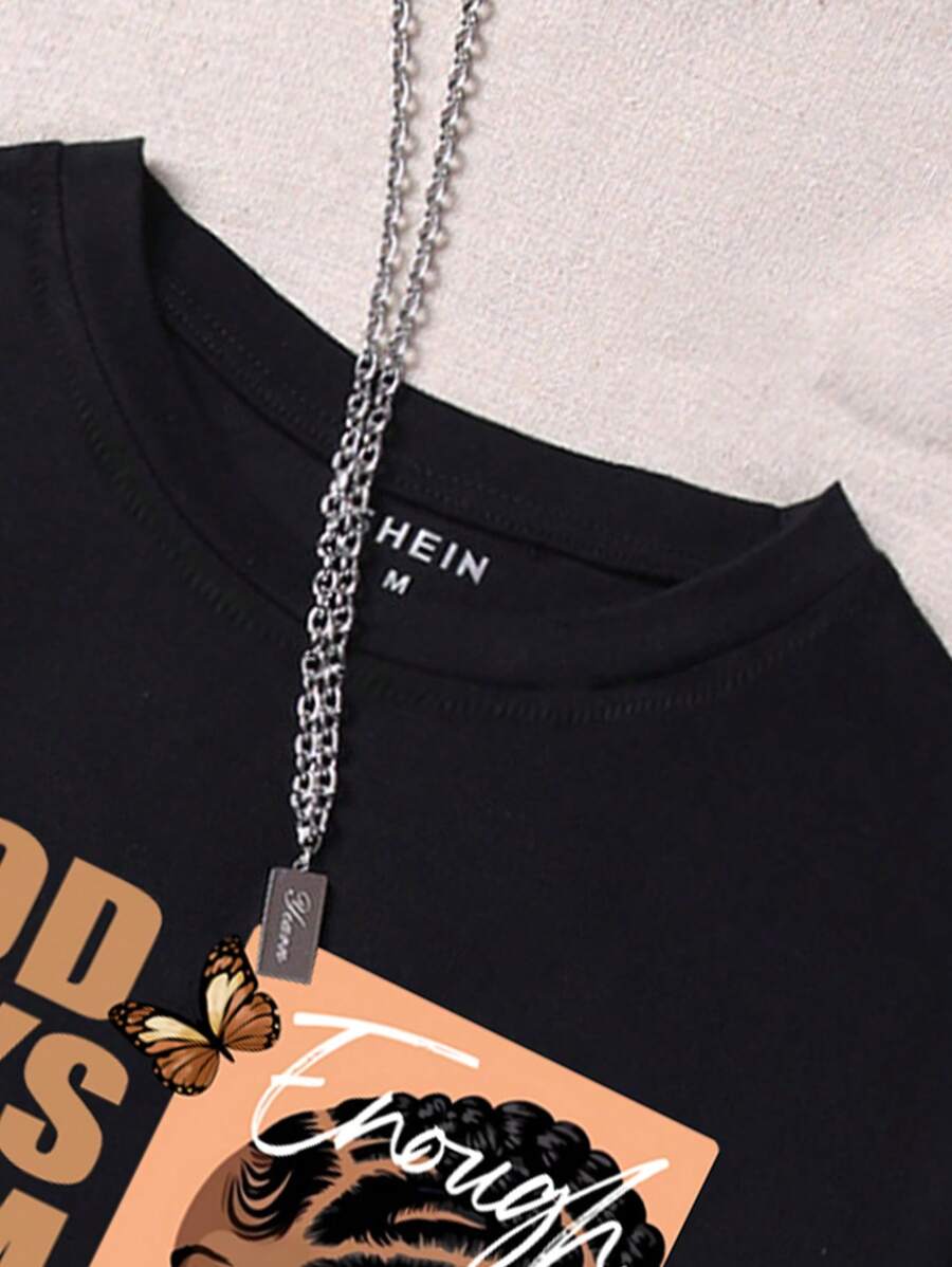 SHEIN Women's Short Sleeve T-Shirt Printed With Portrait And Slogan GOD ...