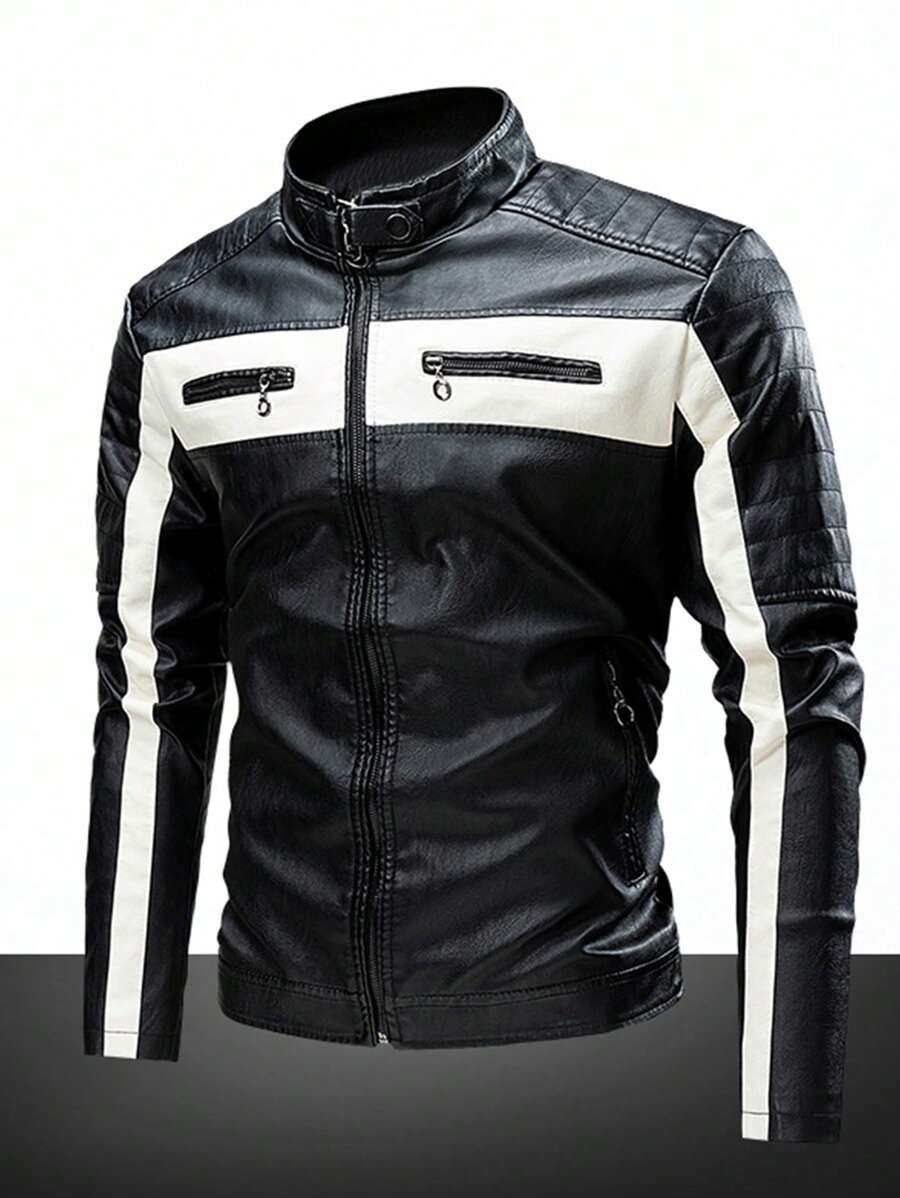 Men Colorblock Zip Up PU Leather Jacket | SHEIN USA