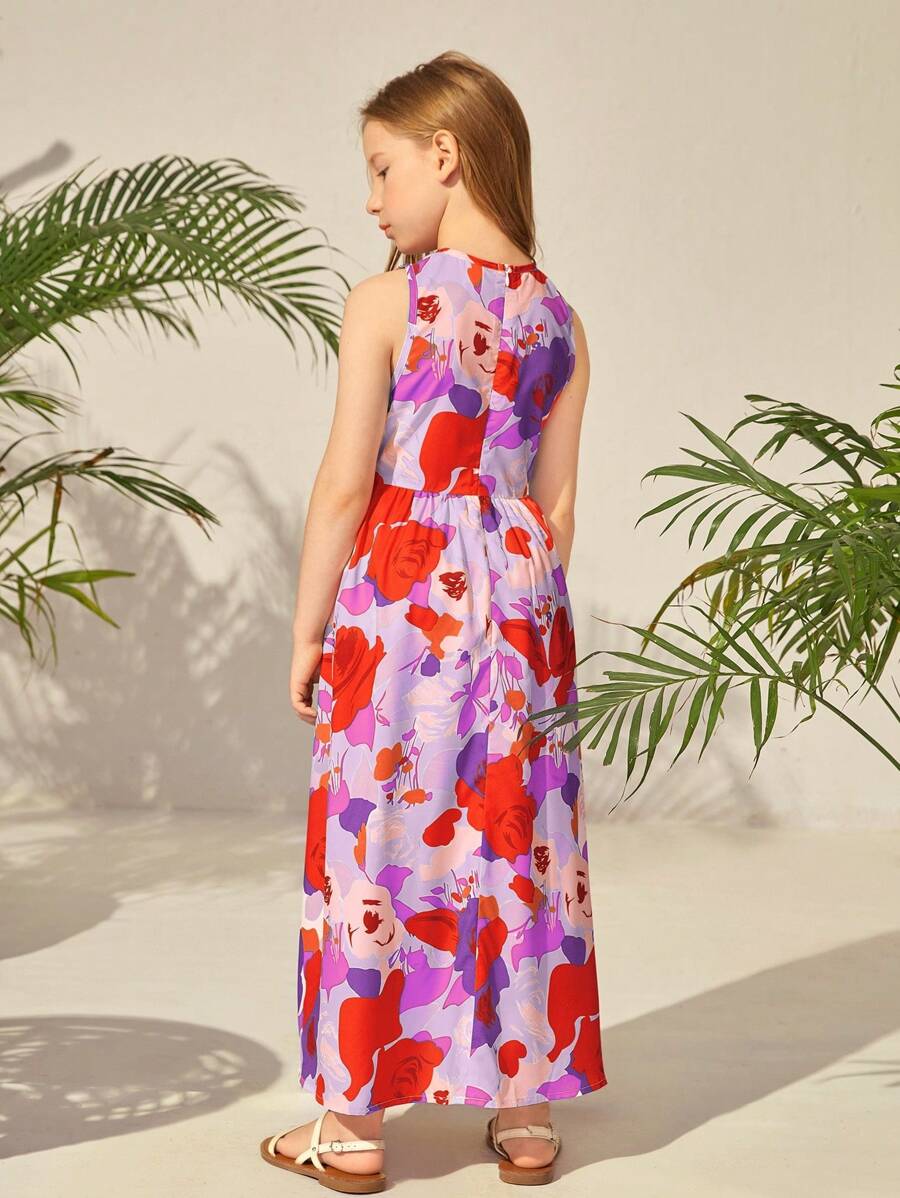 SHEIN Tween Girl Nova moda sem mangas roxo-vermelho casual praia ...